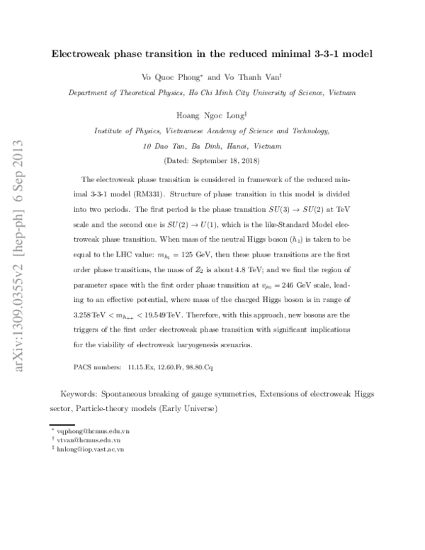 (PDF) Electroweak phase transition in the reduced minimal 3-3-1 model