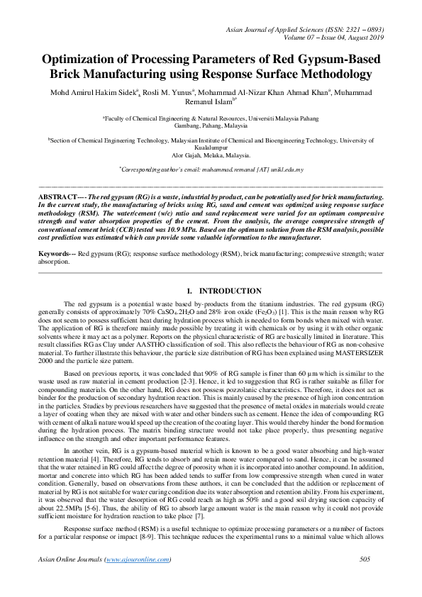 (PDF) Optimization of Processing Parameters of Red Gypsum-Based Brick ...