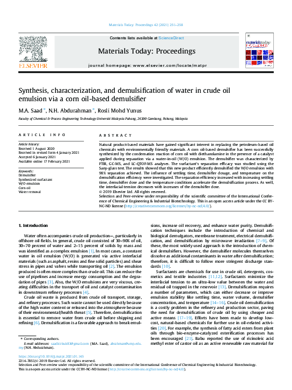 (PDF) Synthesis, characterization, and demulsification of water in ...