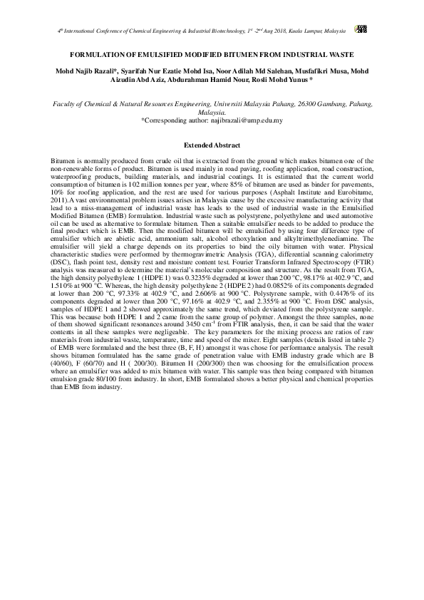 (PDF) Formulation of emulsified modified bitumen from industrial waste