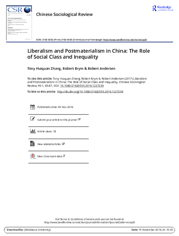 (PDF) Liberalism and Postmaterialism in China: The Role of Social Class ...