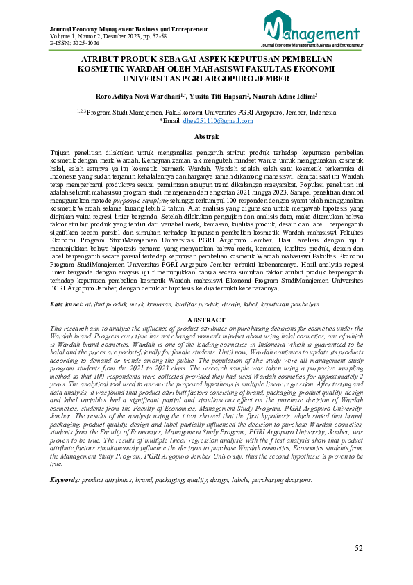 (PDF) Atribut Produk Sebagai Aspek Keputusan Pembelian Kosmetik Wardah oleh Mahasiswi Fakultas ...