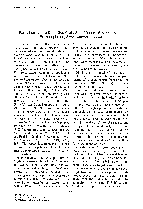 (PDF) Parasitism of the blue king crab, Paralithodes platypus, by the ...