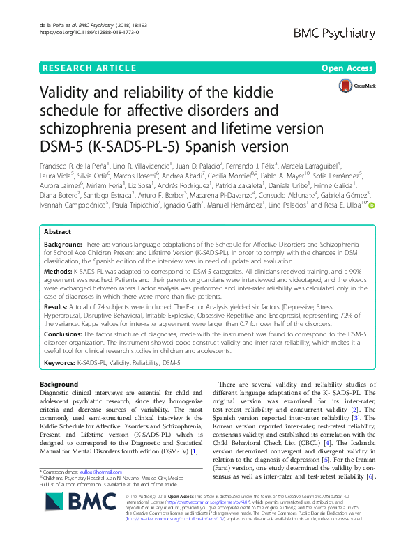 (PDF) Validity and reliability of the kiddie schedule for affective ...