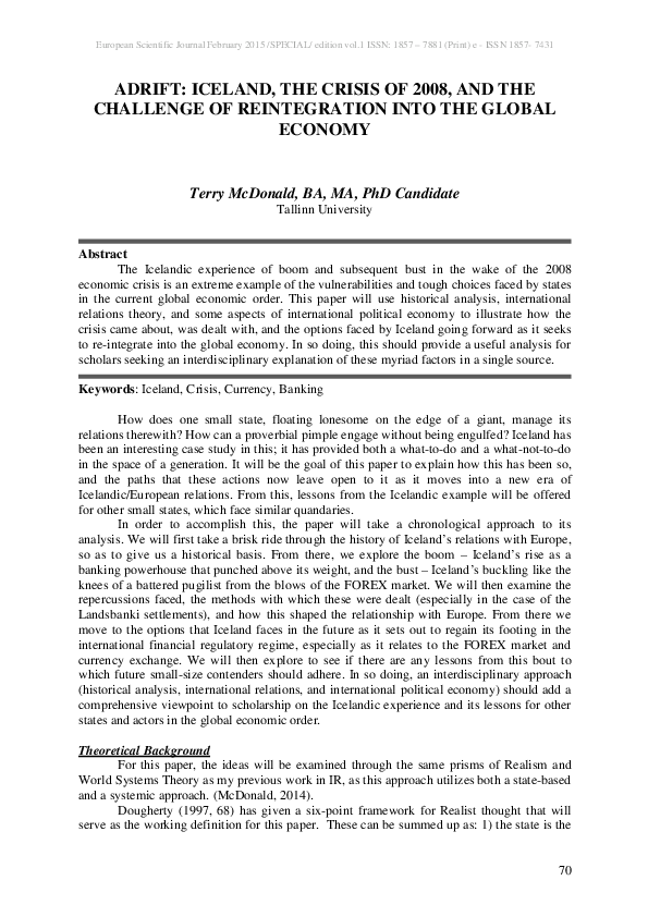 (PDF) Adrift: Iceland, the Crisis of 2008, and the Challenge of ...