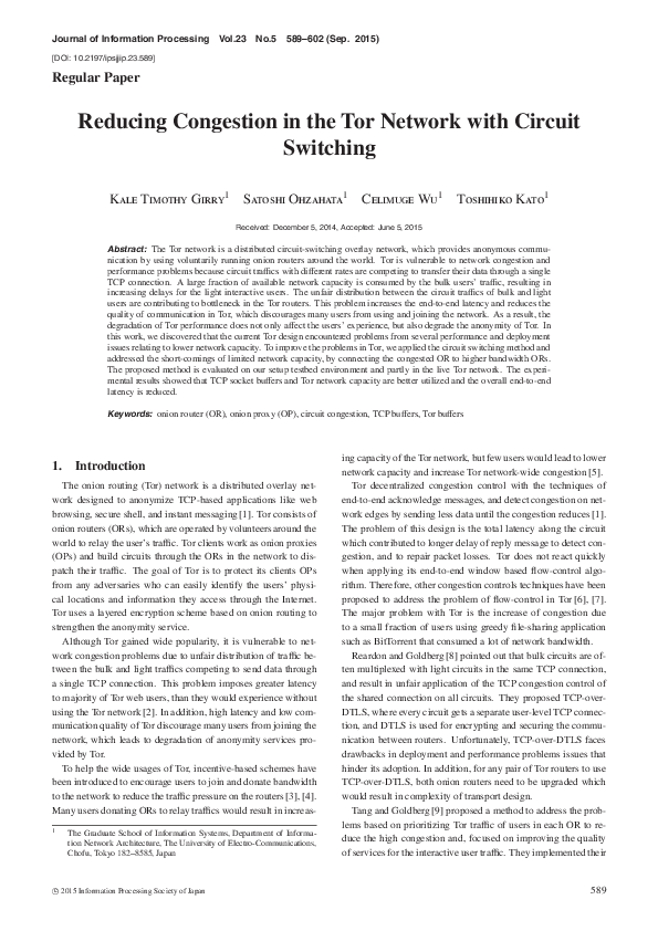 (PDF) Reducing Congestion in the Tor Network with Circuit Switching