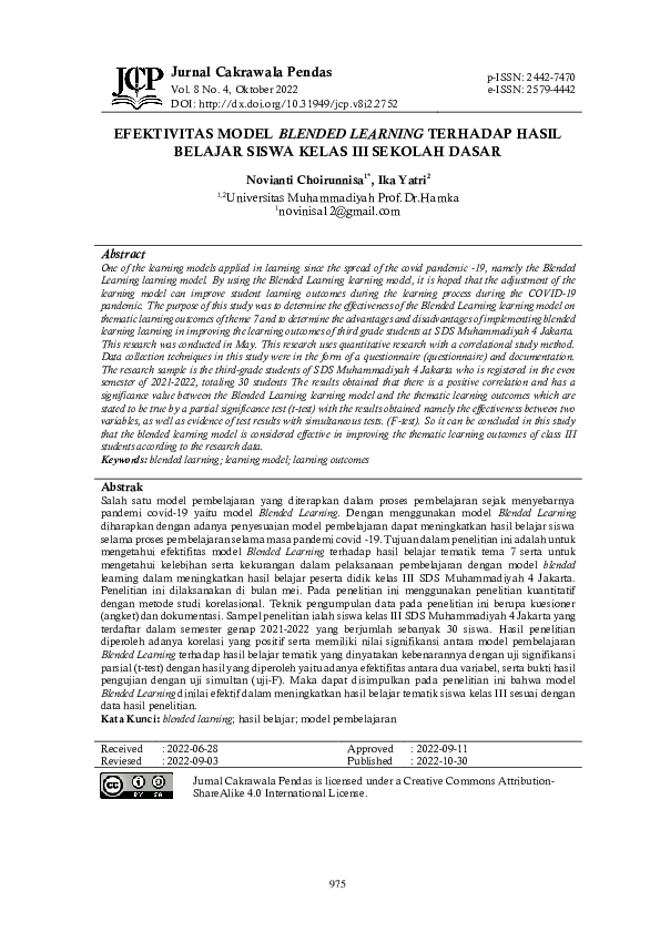 (PDF) Efektivitas Model Blended Learning Terhadap Hasil Belajar Siswa Kelas III Sekolah Dasar