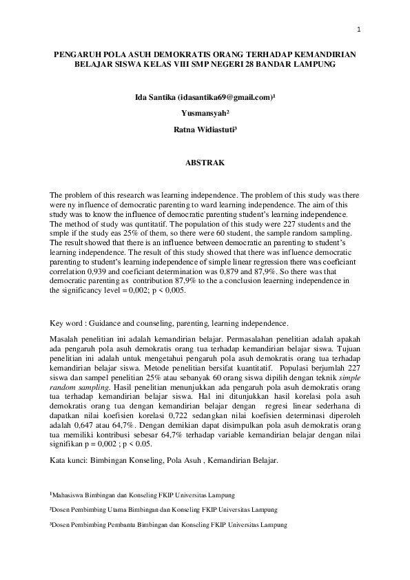 (PDF) Pengaruh Pola Asuh Demokratis Orang Tua Terhadap Kemandirian Belajar Siswa