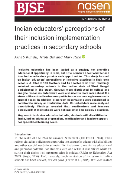 (PDF) Indian educators’ perceptions of their inclusion implementation practices in secondary schools