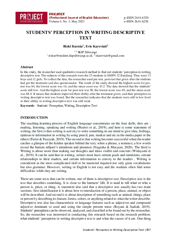 (PDF) Students’ Perception in Writing Descriptive Text