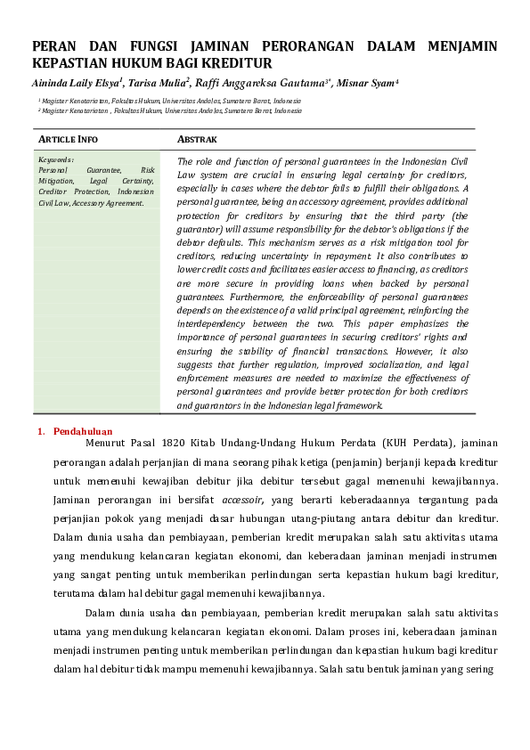 (PDF) PERAN DAN FUNGSI JAMINAN PERORANGAN DALAM MENJAMIN KEPASTIAN HUKUM BAGI KREDITUR