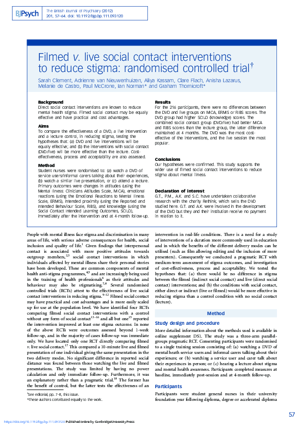 (PDF) Filmed v. live social contact interventions to reduce stigma ...