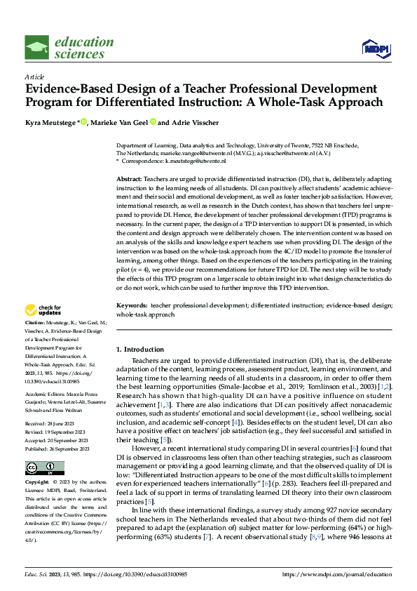(PDF) Evidence-Based Design of a Teacher Professional Development Program for Differentiated ...