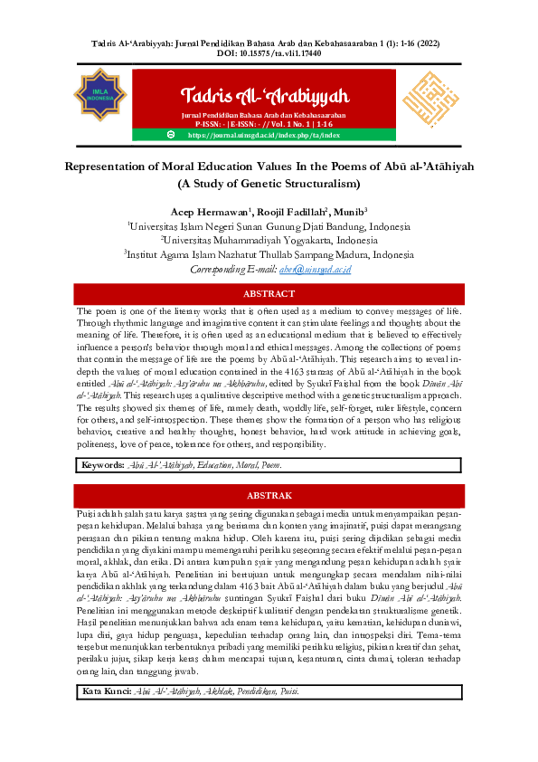 (PDF) Representation of Moral Education Values In the Poems of Abū al-‘Atāhiyah (A Study of ...