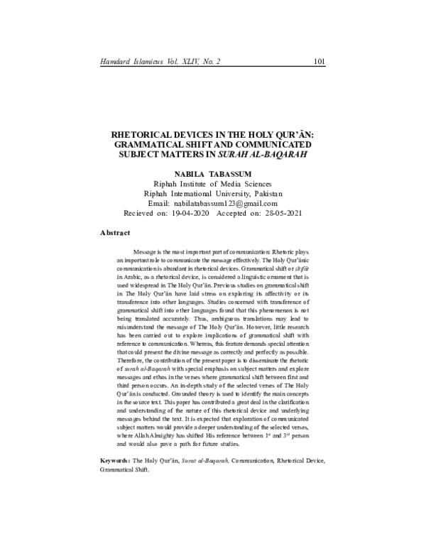 (PDF) RHETORICAL DEVICES IN THE HOLY QUR'ÓN: GRAMMATICAL SHIFT AND ...