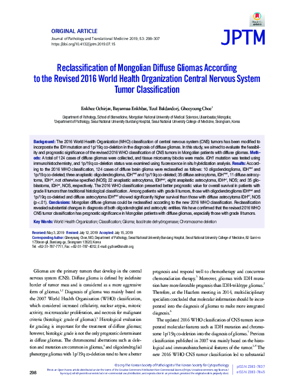 (PDF) Reclassification of Mongolian Diffuse Gliomas According to the Revised 2016 World Health ...