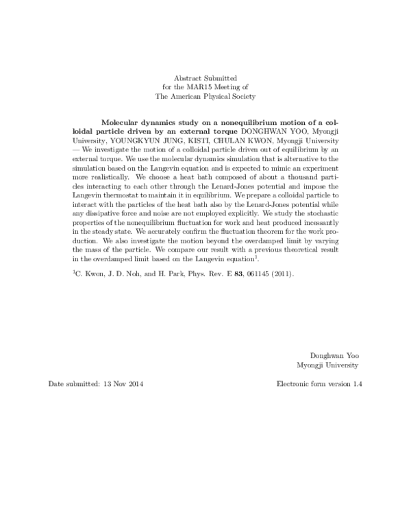 (PDF) Molecular dynamics study on a nonequilibrium motion of a ...
