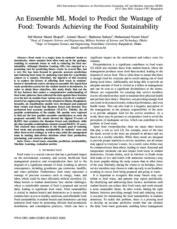 (PDF) An Ensemble ML Model to Predict the Wastage of Food: Towards ...