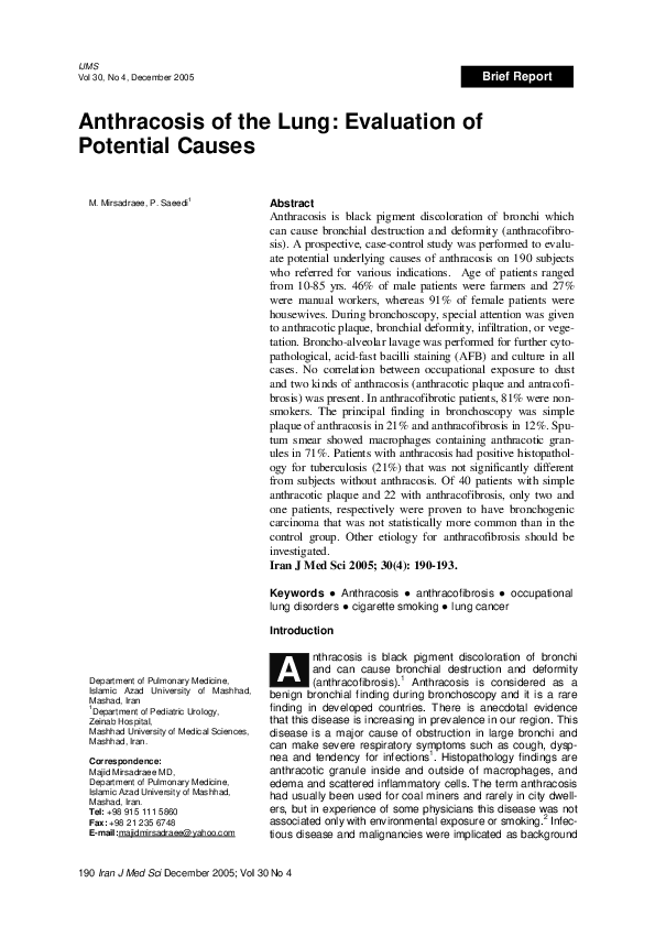 (PDF) Anthracosis of the Lung: Evaluation of Potential Causes