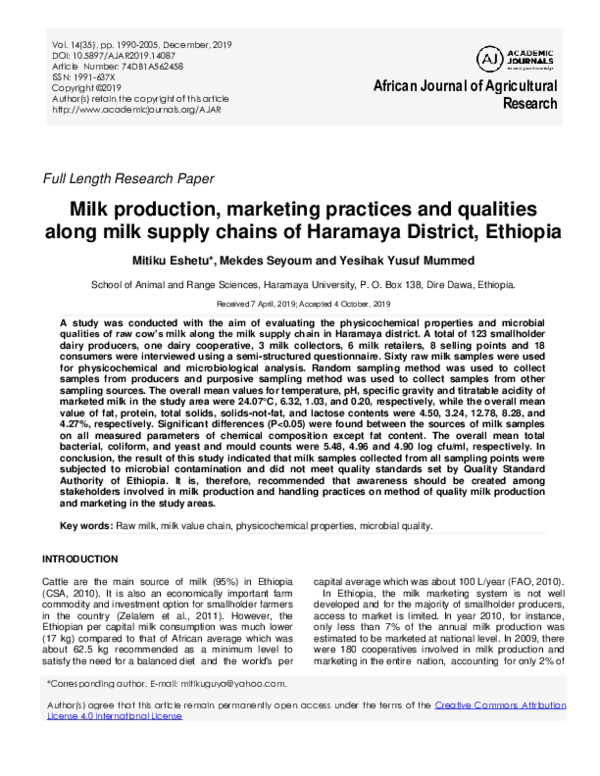 (PDF) Milk production, marketing practices and qualities along milk ...
