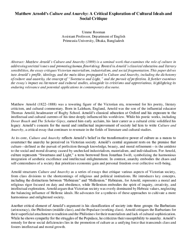 (PDF) Matthew Arnold's Culture and Anarchy: A Critical Exploration of Cultural Ideals and Social ...