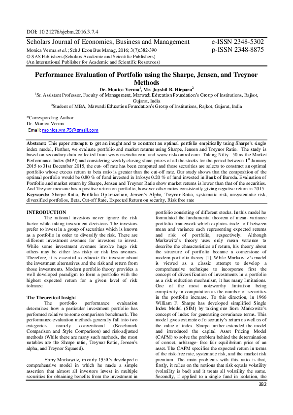 (PDF) Performance Evaluation of Portfolio using the Sharpe, Jensen, and ...