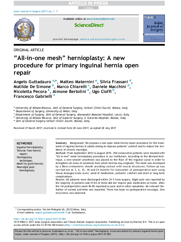 (PDF) All-in-one mesh" hernioplasty: A new procedure for primary inguinal hernia open repair