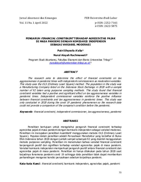 (PDF) Pengaruh Financial Constraint Terhadap Agresivitas Pajak DI Masa Pandemi Dengan Komisaris ...