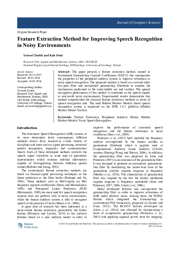 (PDF) Feature Extraction Method for Improving Speech Recognition in ...