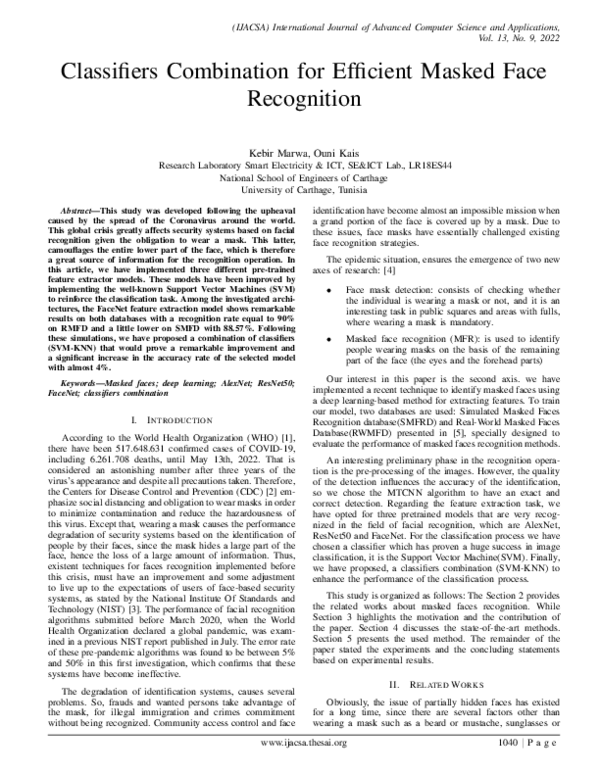(PDF) Classifiers Combination for Efficient Masked Face Recognition