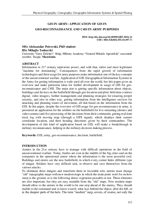 (PDF) Gis in Army: Application of Gis in Geo-Reconnaissance and C4IS in ...