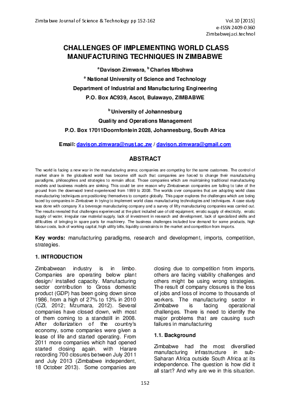 (PDF) Challenges of Implementing World Class Manufacturing Techniques in Zimbabwe