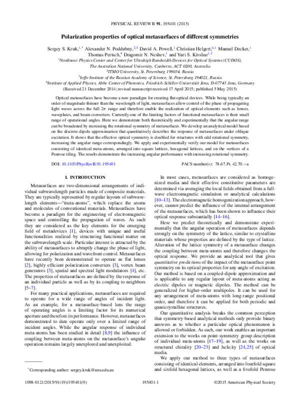 (PDF) Polarization properties of optical metasurfaces of different symmetries