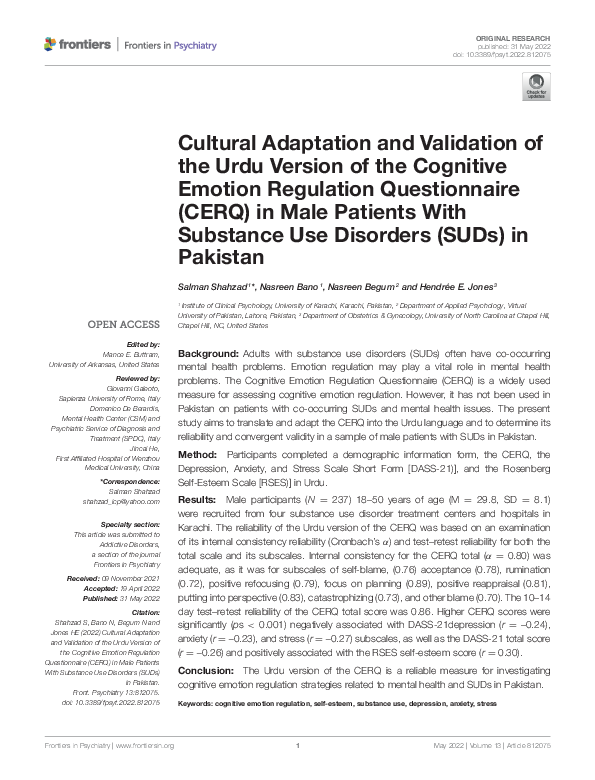 (PDF) Cultural Adaptation and Validation of the Urdu Version of the Cognitive Emotion Regulation ...