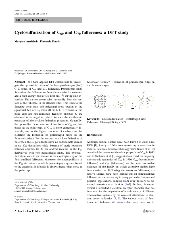 (PDF) Cyclosulfurization of C60 and C70 fullerenes: a DFT study