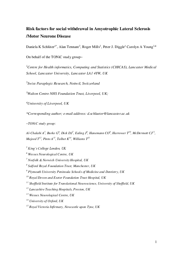 (PDF) Risk factors for social withdrawal in amyotrophic lateral sclerosis/motor neurone disease