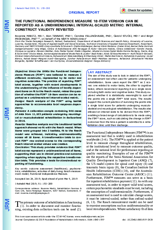 (PDF) The Functional Independence Measure 18-item version can be ...