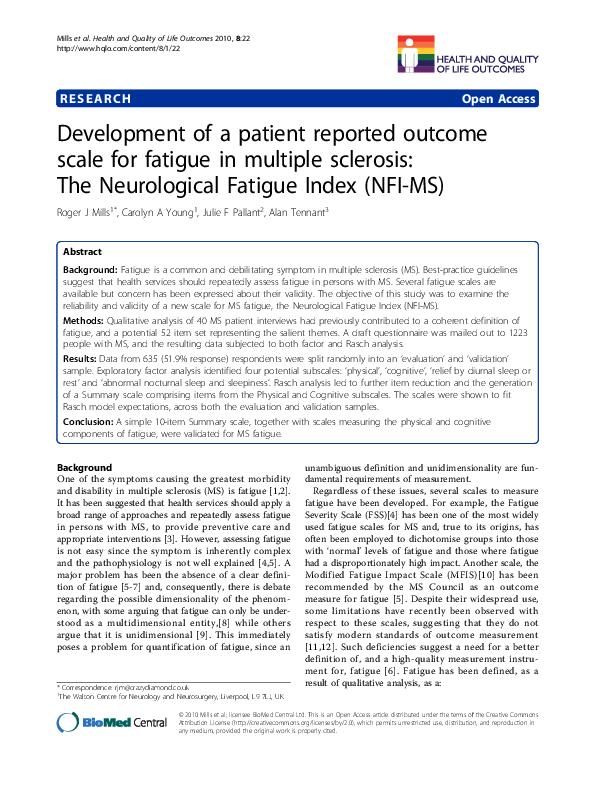 (PDF) Development of a patient reported outcome scale for fatigue in multiple sclerosis: The ...