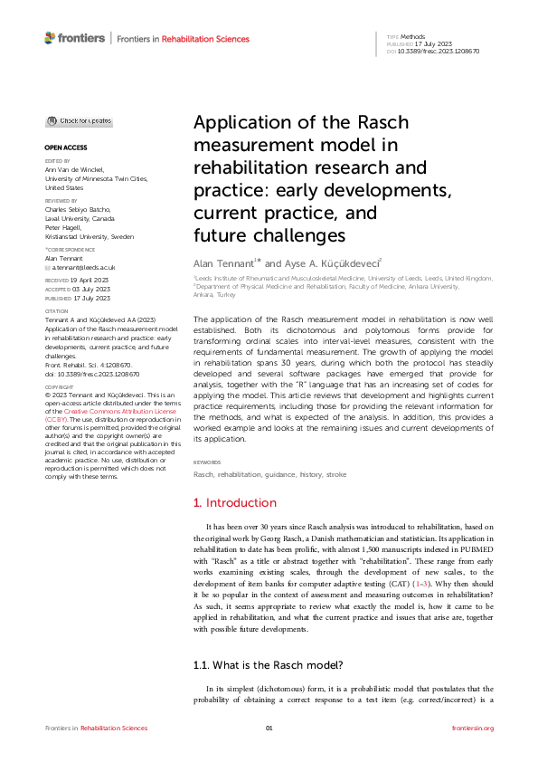 (PDF) Application of the Rasch measurement model in rehabilitation research and practice: early ...