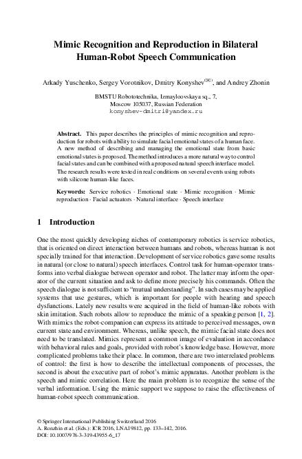 (PDF) Mimic Recognition and Reproduction in Bilateral Human-Robot ...