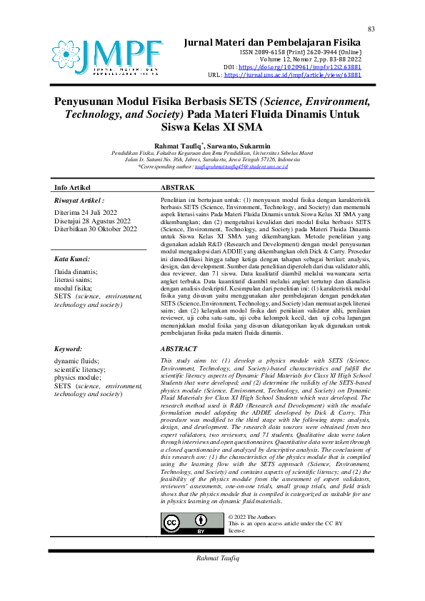 (PDF) Penyusunan Modul Fisika Berbasis SETS (Science, Environment, Technology, and Society) Pada ...