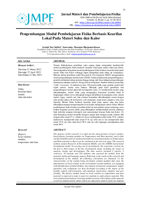 (PDF) Pengembangan Modul Pembelajaran Fisika Berbasis Kearifan Lokal Pada Materi Suhu dan Kalor