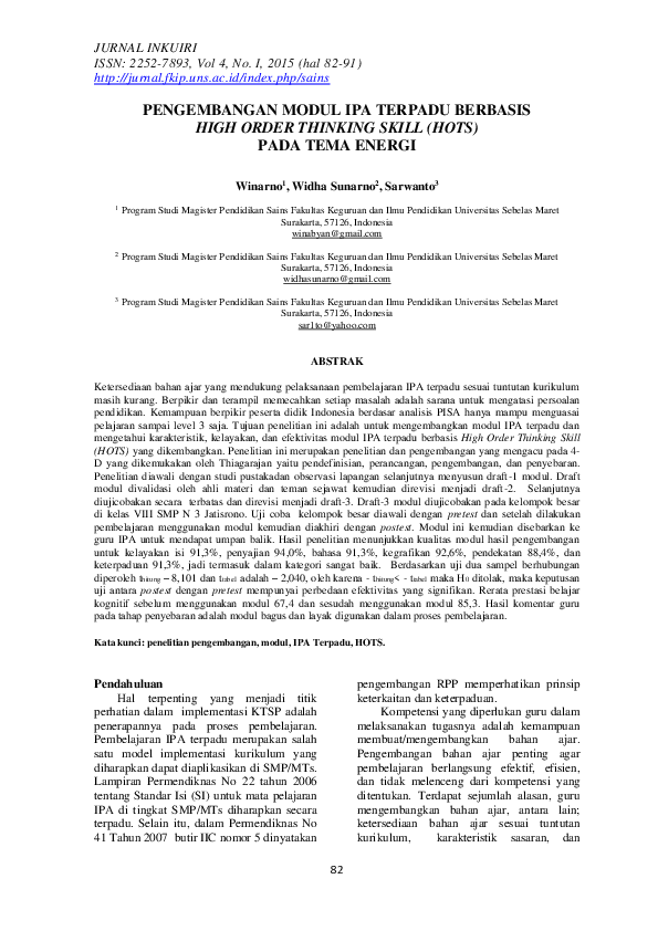 (PDF) Pengembangan Modul IPA Terpadu Berbasis High Order Thinking Skill (Hots) Pada Tema Energi