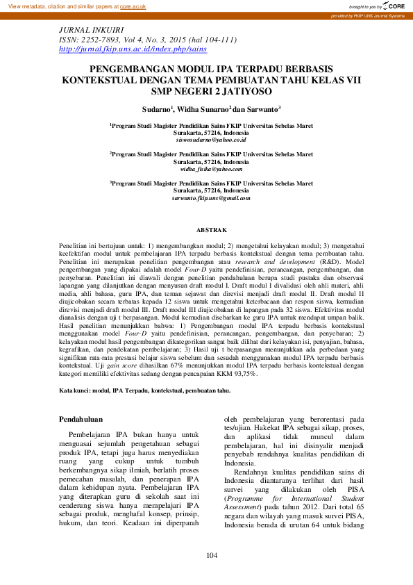 (PDF) Pengembangan Modul Ipa Terpadu Berbasis Kontekstual Dengan Tema ...