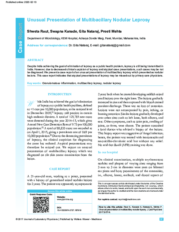 (PDF) Unusual Presentation of Multibacillary Nodular Leprosy