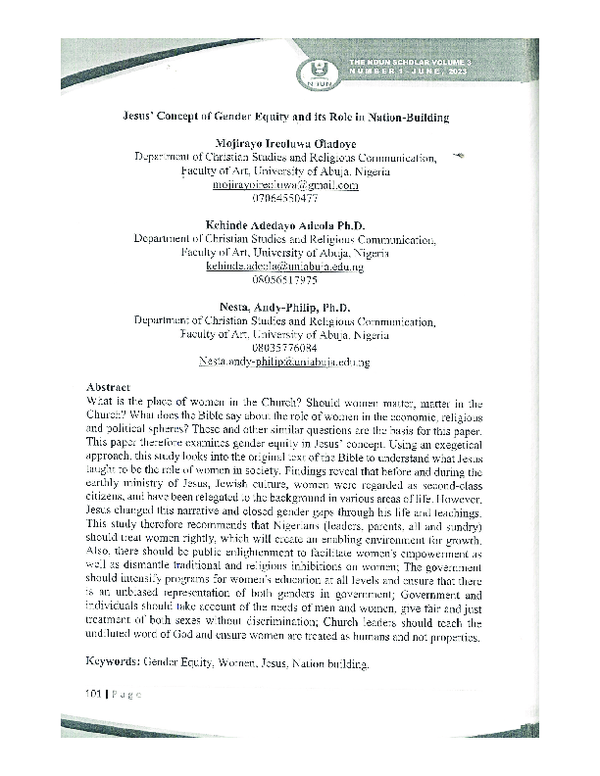 (PDF) JESUS CONCEPT OF GENDER EQUITY AND ITS ROLE IN NATION-BUILDING