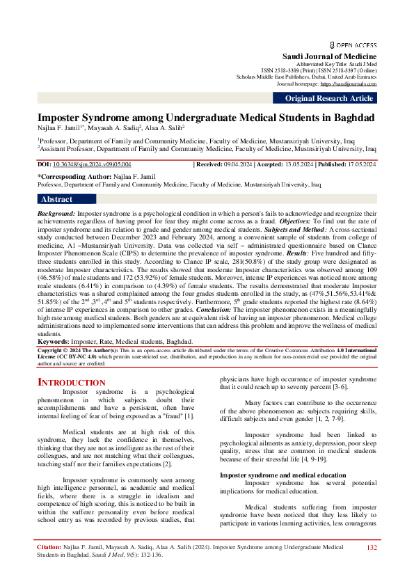 (PDF) Imposter Syndrome among Undergraduate Medical Students in Baghdad