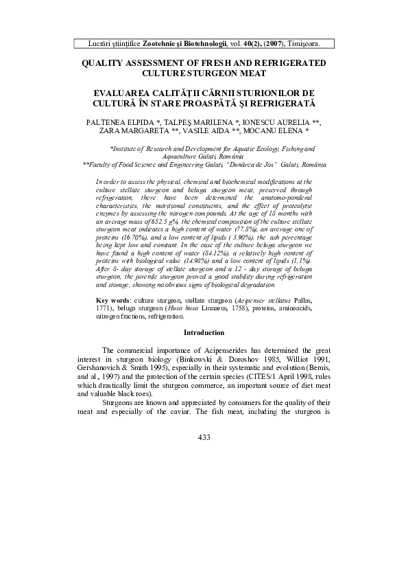 (PDF) Quality Assessment of Fresh and Refrigerated Culture Sturgeon Meat