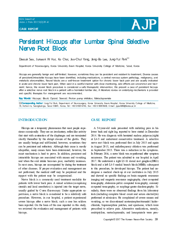 (PDF) Persistent Hiccups after Lumbar Spinal Selective Nerve Root Block
