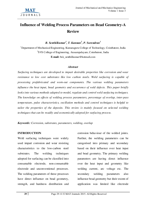 (PDF) Influence of Welding Process Parameters on Bead Geometry-A Review
